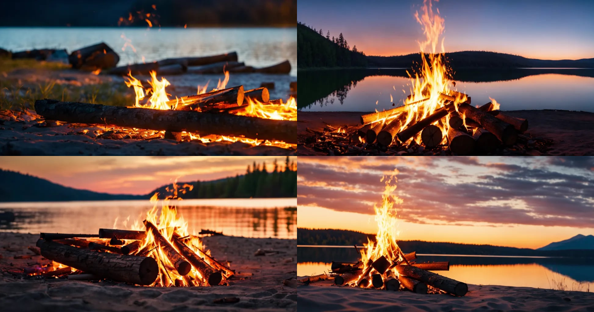 Lexica - Close-up on Glowing campfire by the lake. Sunset with open ...