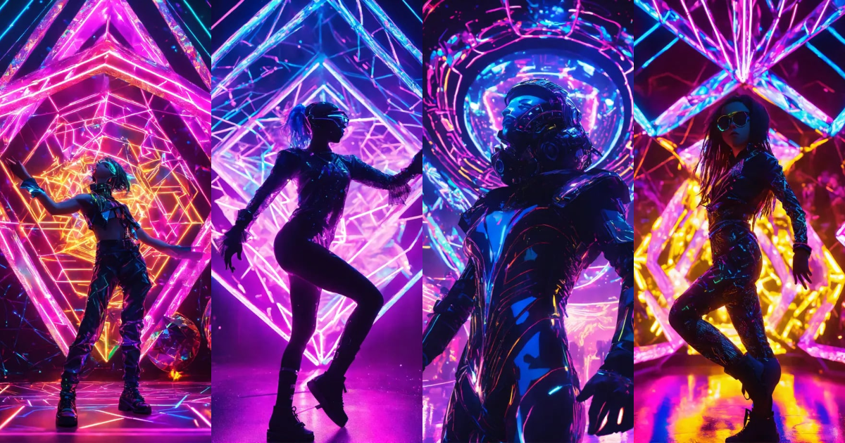 Lexica - Cyber Raver dancing in diamond and shimmer black neon light ...