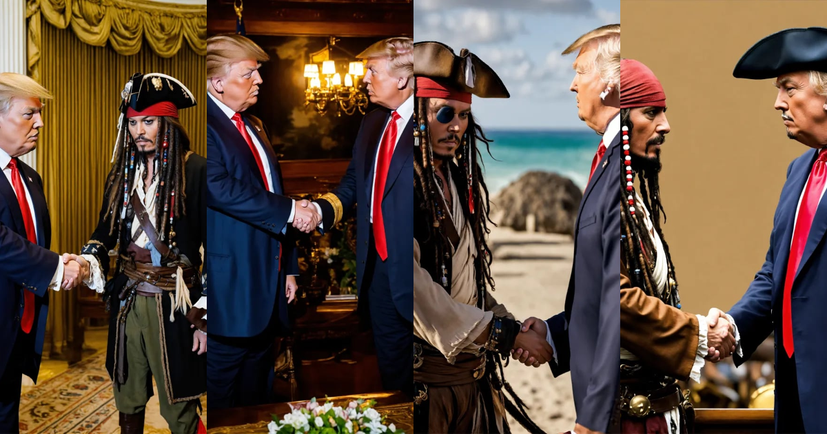 Lexica - Captain Jack Sparrow shaking hands with Donald Trump