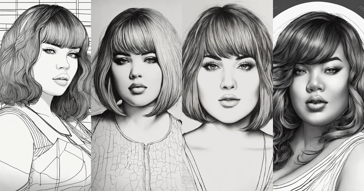 Lexica - Black and white line drawing, plus size woman, bob with bangs ...