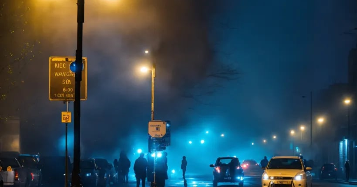 Lexica - Street scene at night partial fog with street lights and ...