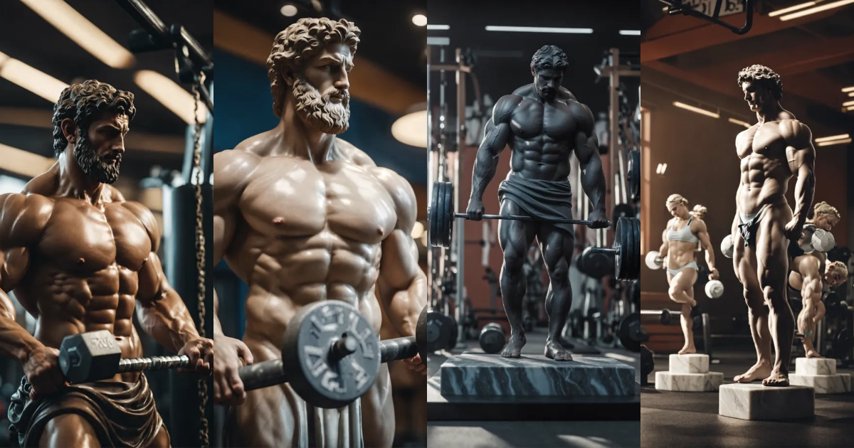 Lexica - Greek marble statues training in a fitness gym with barbells ...