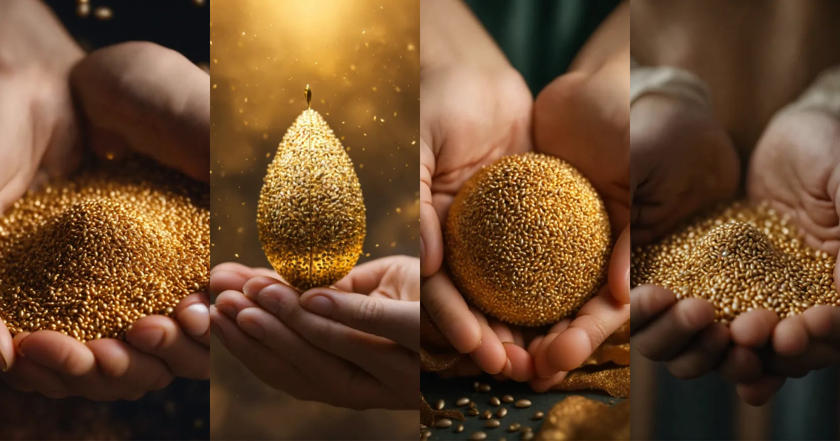 Lexica - A realistic photo of a golden seed being holded by two hands.