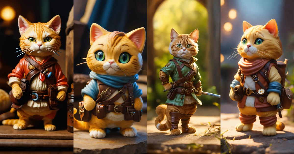 Lexica - Cute cat adventurer figure, product shot, oil painting, whelan ...