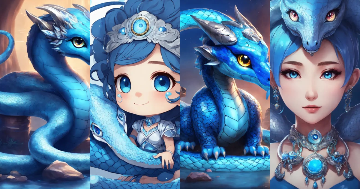 Lexica - A giant serpent in blue and silver with adorable chibi ...