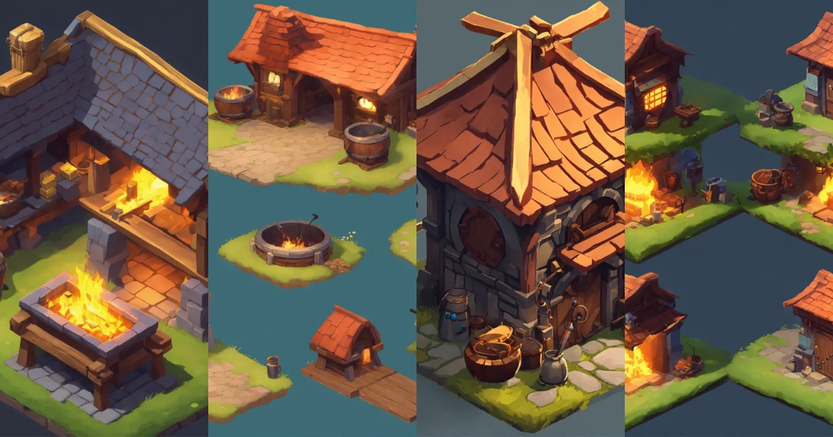 Lexica - Game art, blacksmith forge, isometric, full view, outside view ...