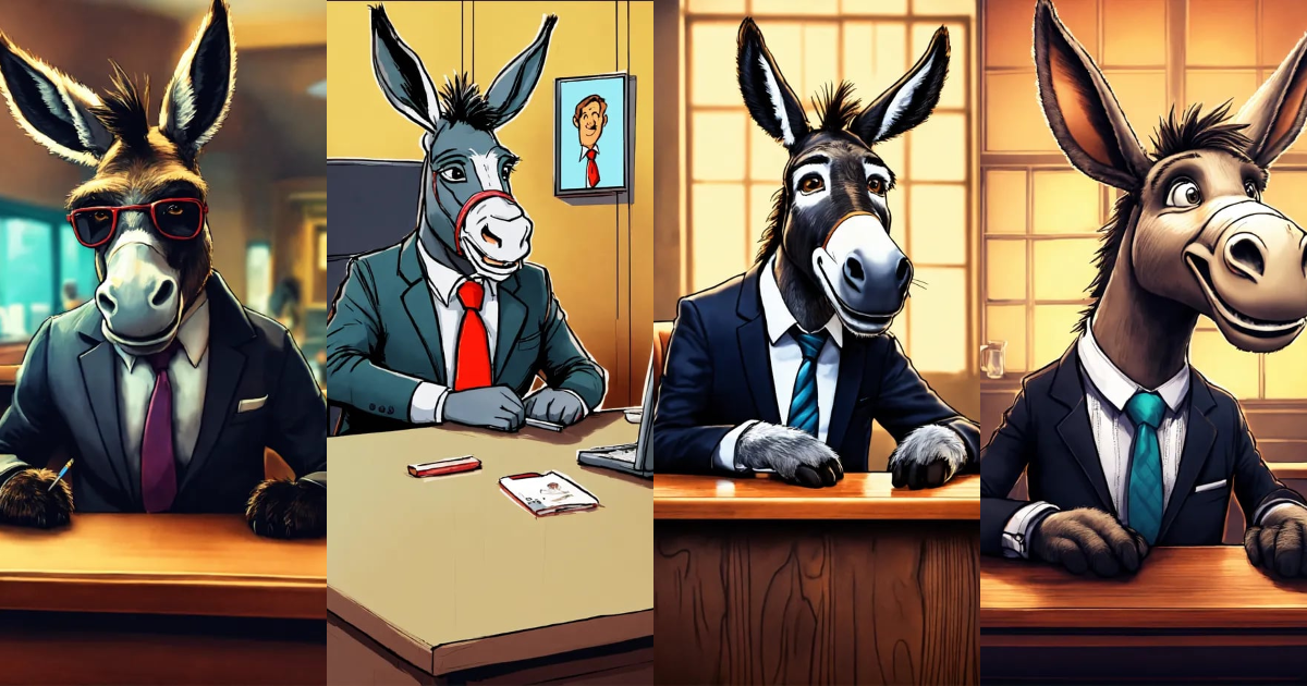 Lexica - Funny, donkey sittin on a bar desk, wearing balck suite and ...
