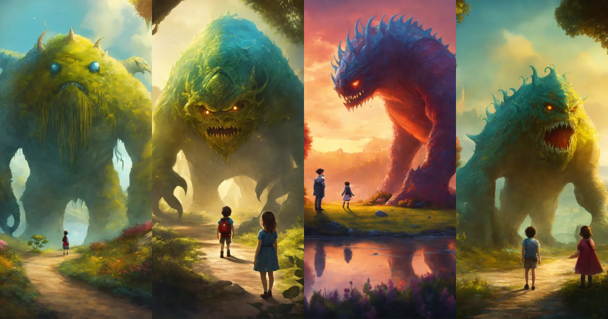 Lexica - Paysage de fantasy avec une créature monstrueuse qui rencontre ...