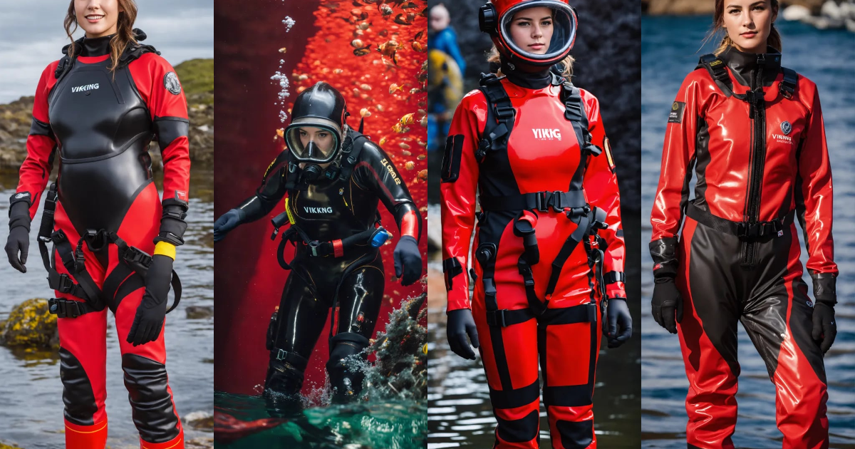 Lexica - Female diver in red and black glossy viking drysuit