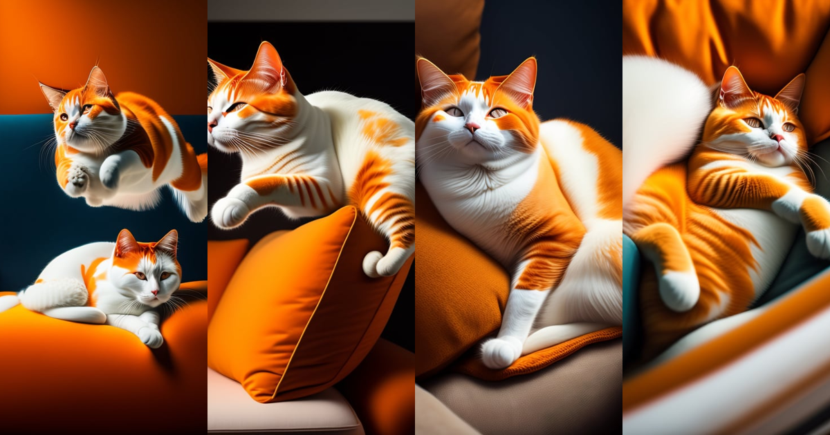 Lexica - Portrait of a orange and white cat sleeping on a couch flying ...