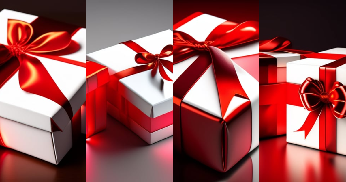 Lexica - Open gift white box with glow inside, red undone ribbon