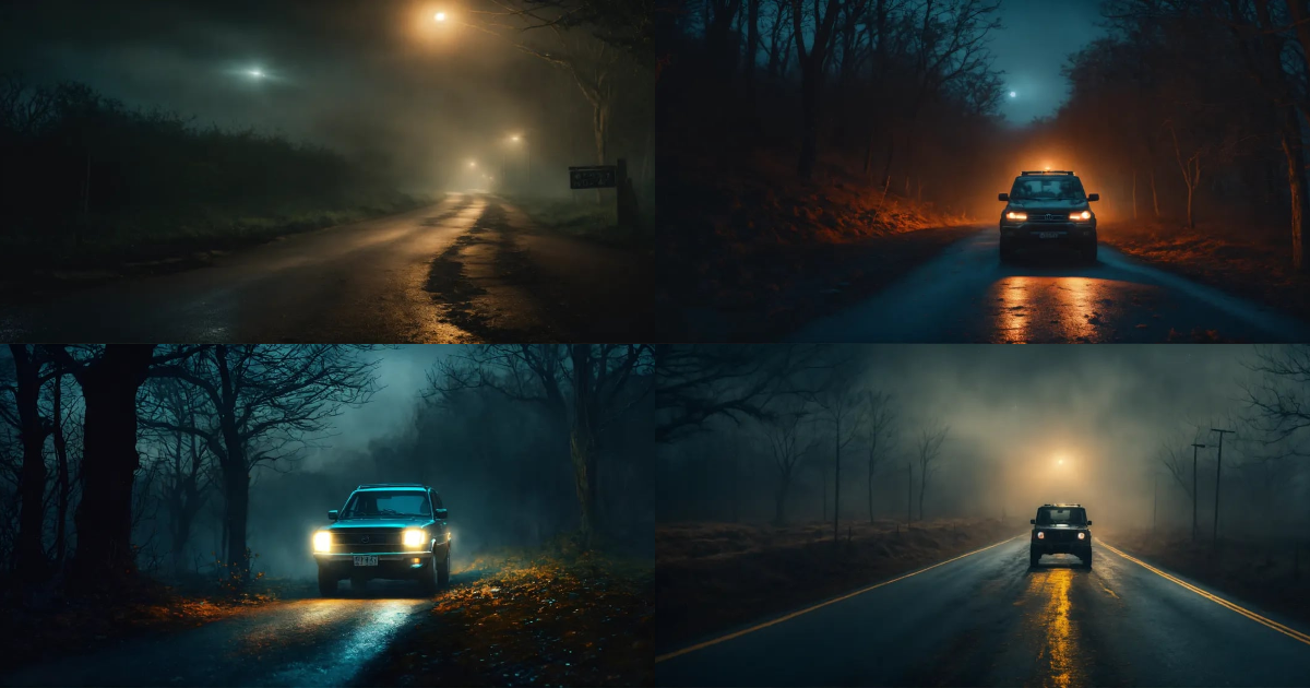 Lexica - Spooky dark road at night; one car 4x4; scary; realistic ...