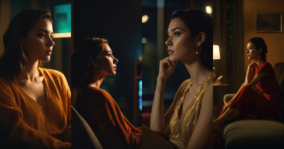 Lexica - A hot female watching tv with sadness, dark dim light room, interior night time ...