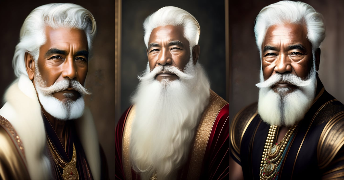 Lexica - Man, bronze skin, white hair, portrait, wearing many diadems ...