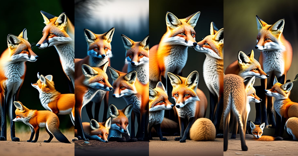 Lexica - Older fox is telling a story to three younger foxes