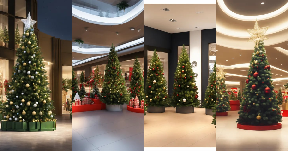 Lexica - Shopping mall corner selling christmas trees, display 4 ...