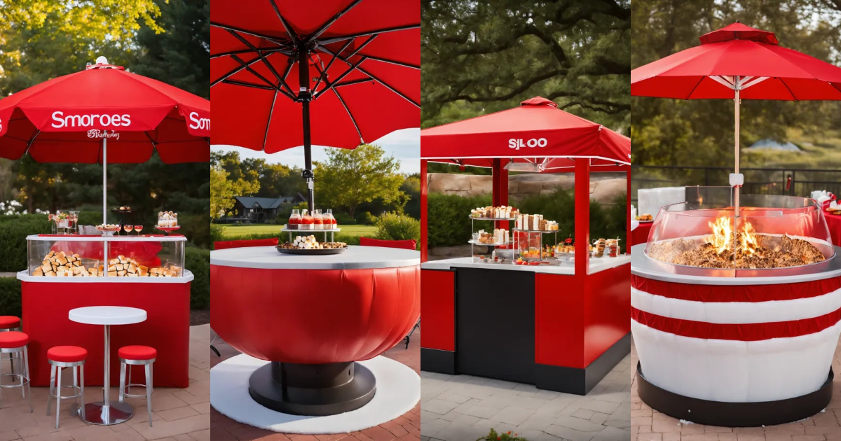Lexica - Elegant ice igloo booth to sell smores outdoor with a red umbrella