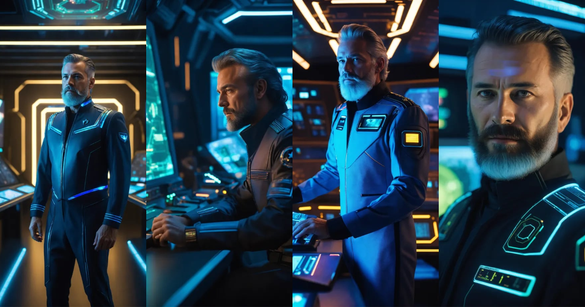 Lexica - 50 year old masculine star commander looking at a hologram ...