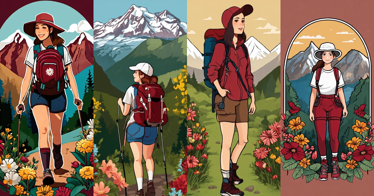 Lexica - Cute female hiker, with flowers and mountains, t-shirt design ...
