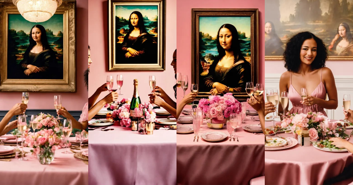 Lexica - Pink dinner party table setting ; two mixed race women sitting ...