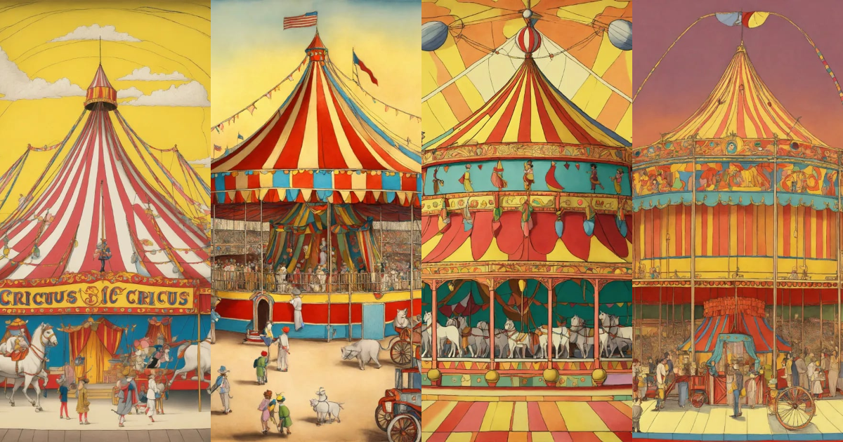 Lexica - Circus. Drawing an external view of a circus in the 50's. Line ...