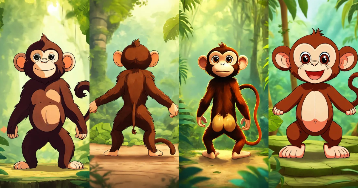 Lexica - Let cartoon cute monkey stand on two legs in jungle back view