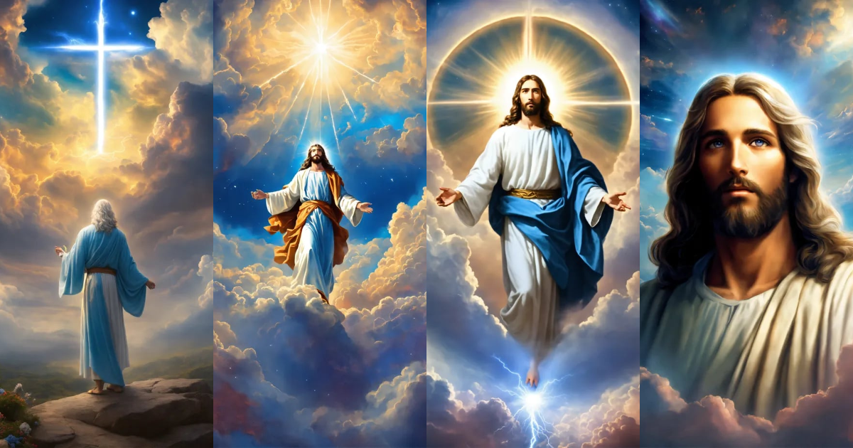 Lexica - A beautiful sky with Jesus descending from the clouds. Planets ...