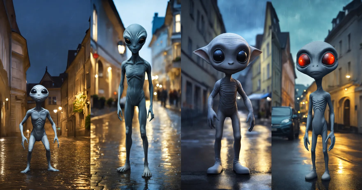 Lexica - Very cute, realistic grey alien standing in the street of ...