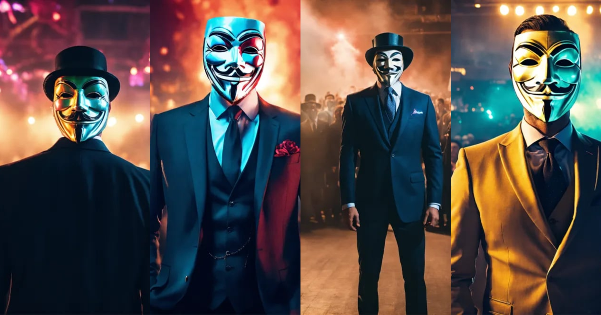 Lexica - A businessman in a suit wearing a Guy Fawkes mask and performing in front of a huge ...