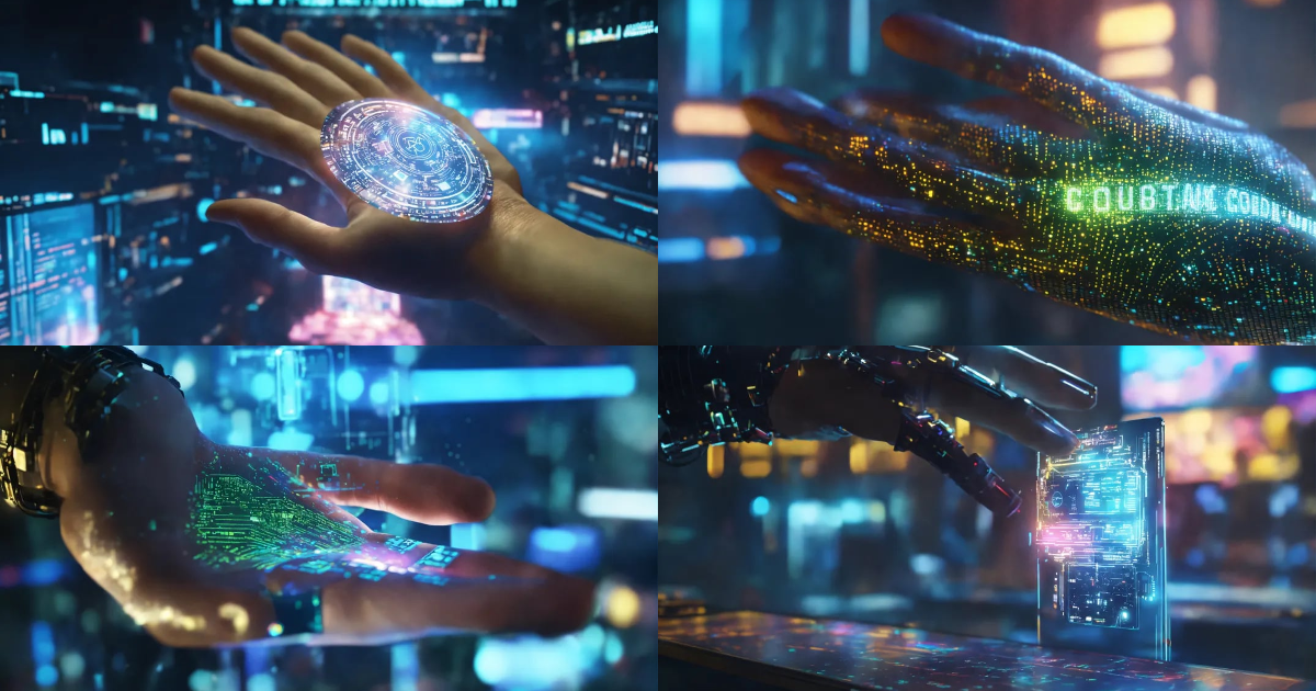 Lexica - Digital hologram code shines from the hand, cyberpunk style ...