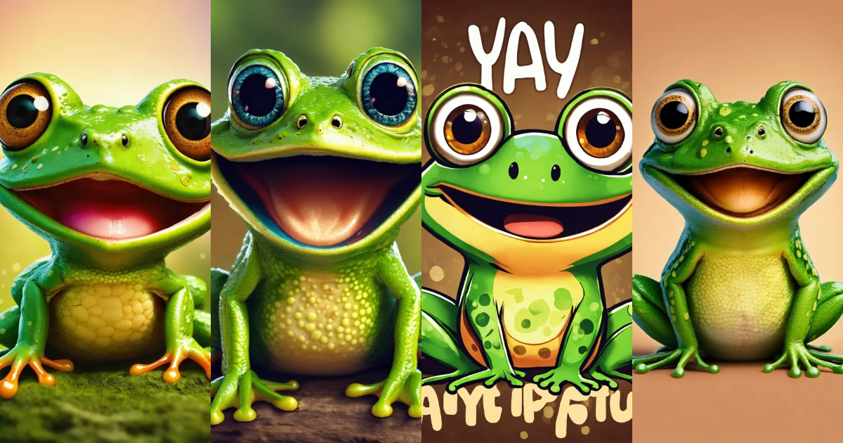 Lexica - A happy frog with text on top saying "yay", cute style, word ...