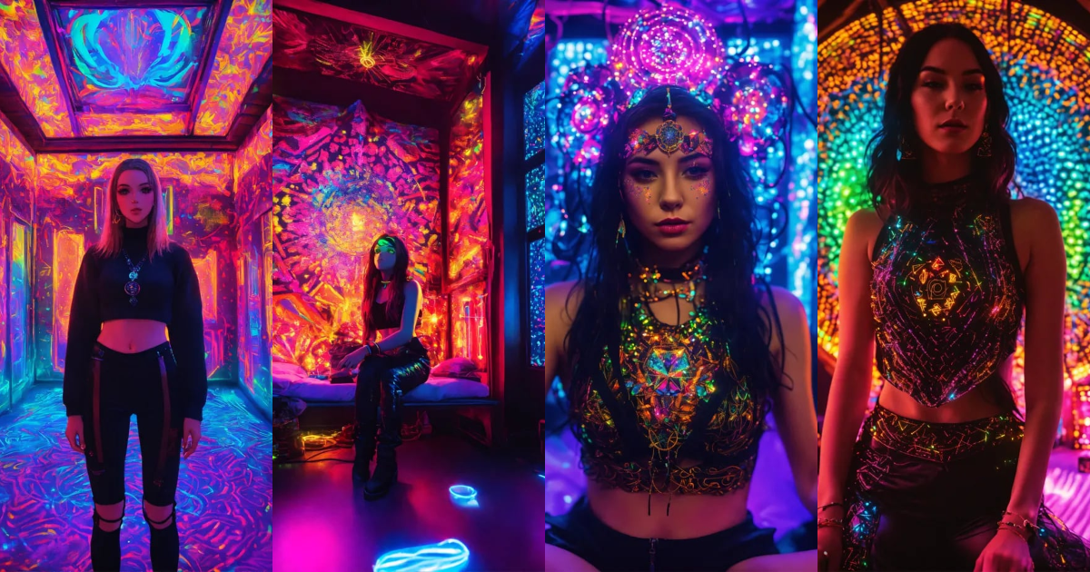 Lexica - Female Raver of topaz and shimmer black neon light DMT Room ...