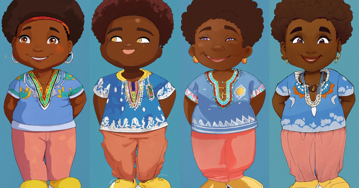 Lexica - 4K cartoon, detailed, wearing vivid dashiki, smiling.