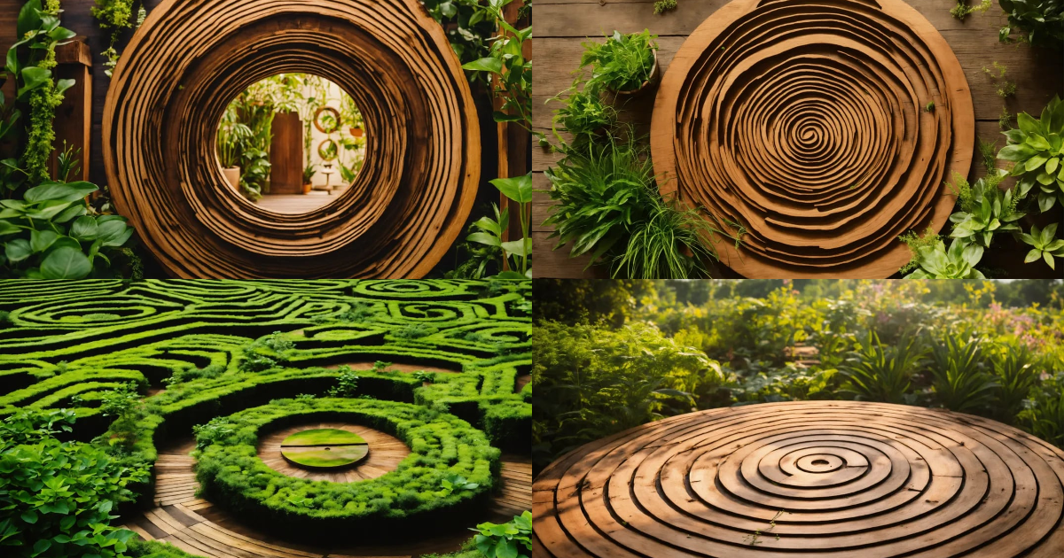 Lexica - Conceptual art concentric circles on wood surrounded by plants ...