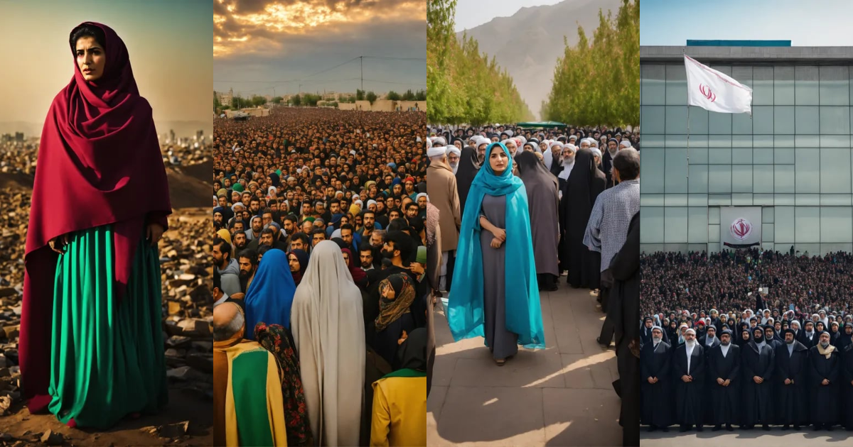 Lexica - 1. A defiant Iranian woman standing unveiled amidst a mass of ...