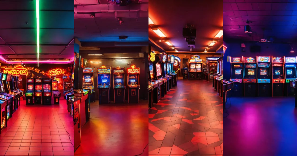 Lexica - Sci Fi retro arcade with lots of lights, many stand up arcade ...