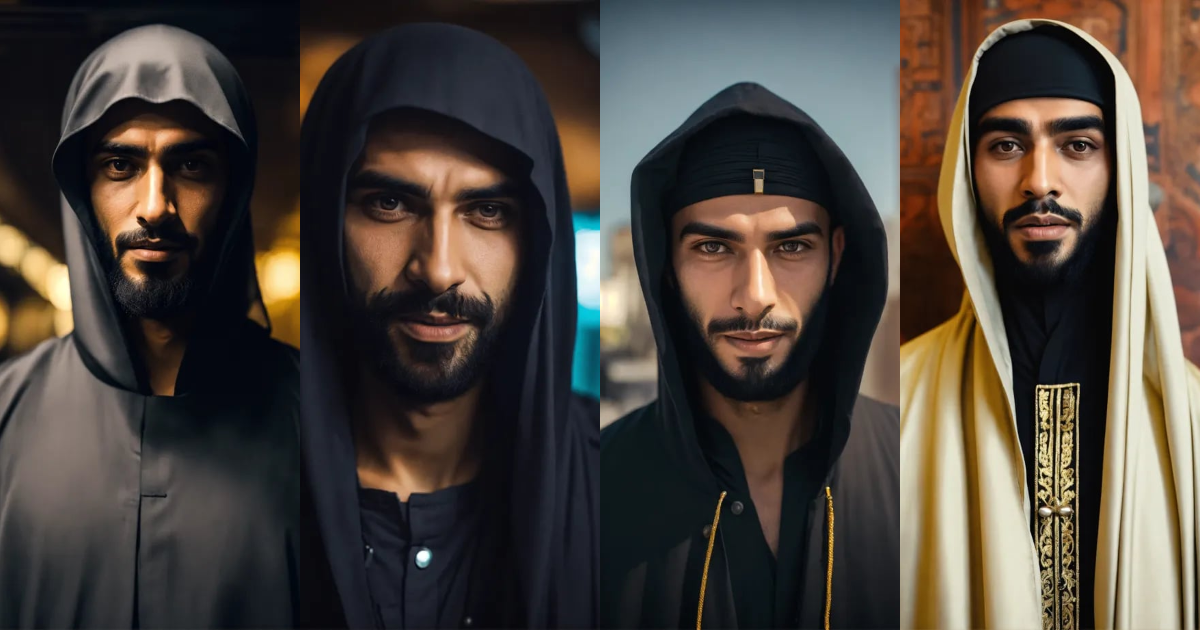 Lexica - Selfi homme arabe capuche habillé en noir visage flouter futuriste