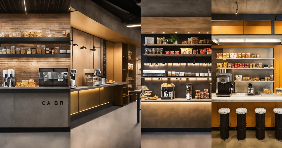 Lexica - A self serve breakroom snack bar with snacks on an easy to reach shelf for employees to ...