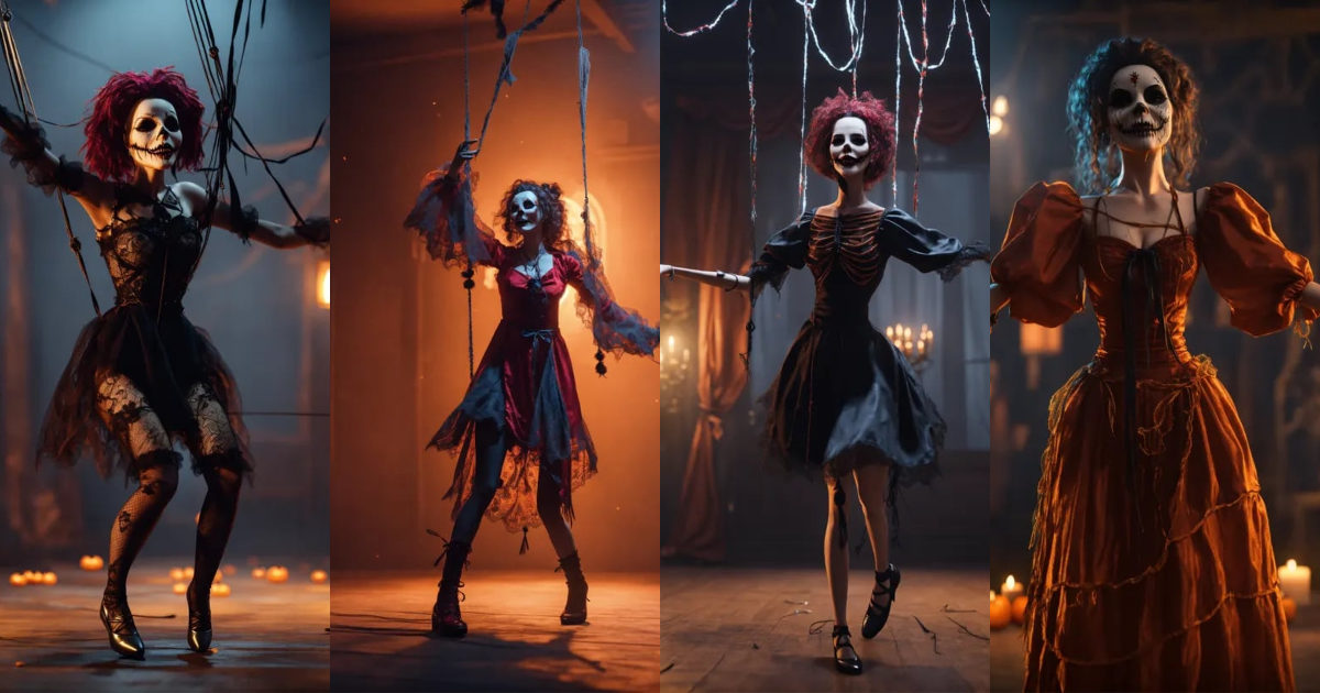 Lexica - Scary woman puppet on strings dancing, halloween, unreal ...