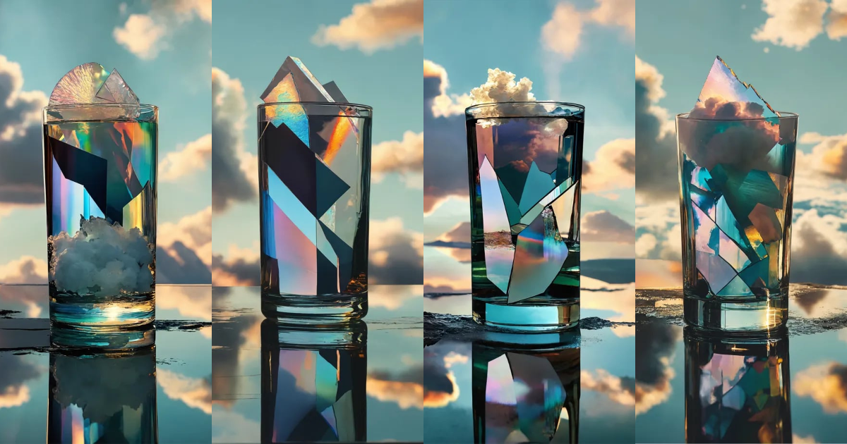 Lexica - A sunlit iridescent mocktail glass with a cloud reflected in ...