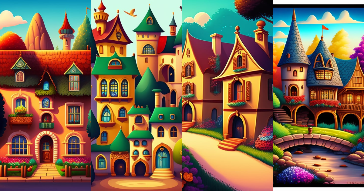 Lexica - Storybook cartoon fairytale town illustration, lot of house