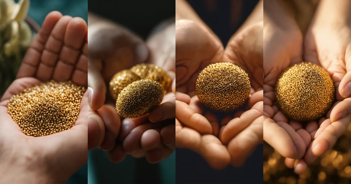 Lexica - A realistic photo of a single golden seed being holded by two ...