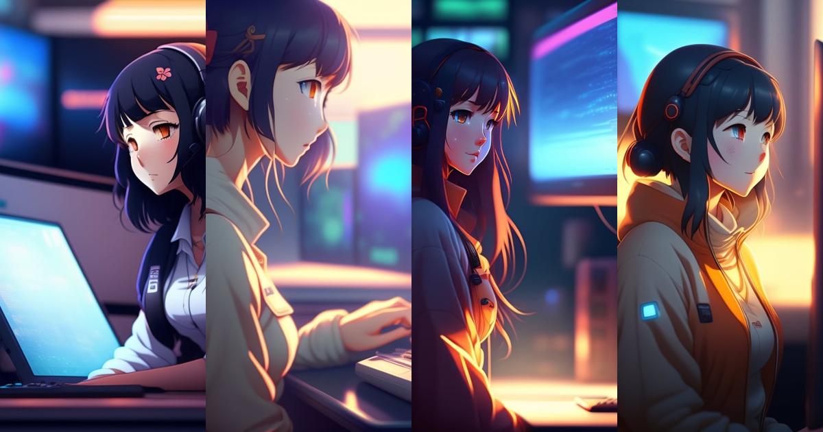 Lexica - Lofi Anime Girl is programming at a computer, cozy, by makoto ...