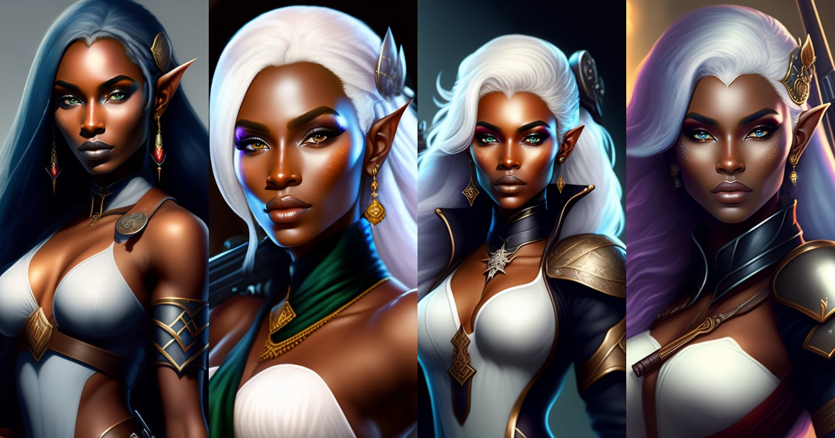 Lexica - Drow Elf woman with Dusky complexion and white hair, holding a rifle.