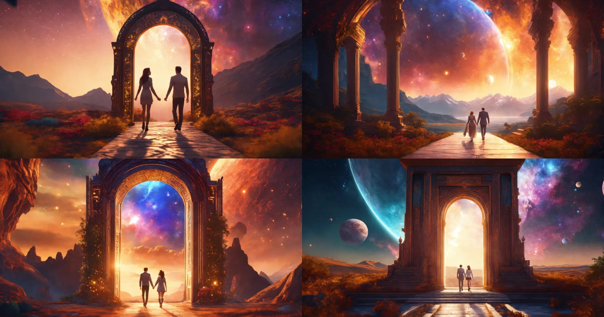 Lexica - Couple walking into A cosmic gateway connecting realms ...