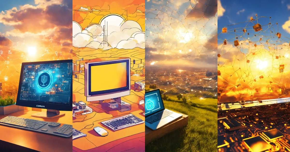 Lexica - Please generate a lively artwork of computers and cybersecurity under sunshine and clouds.