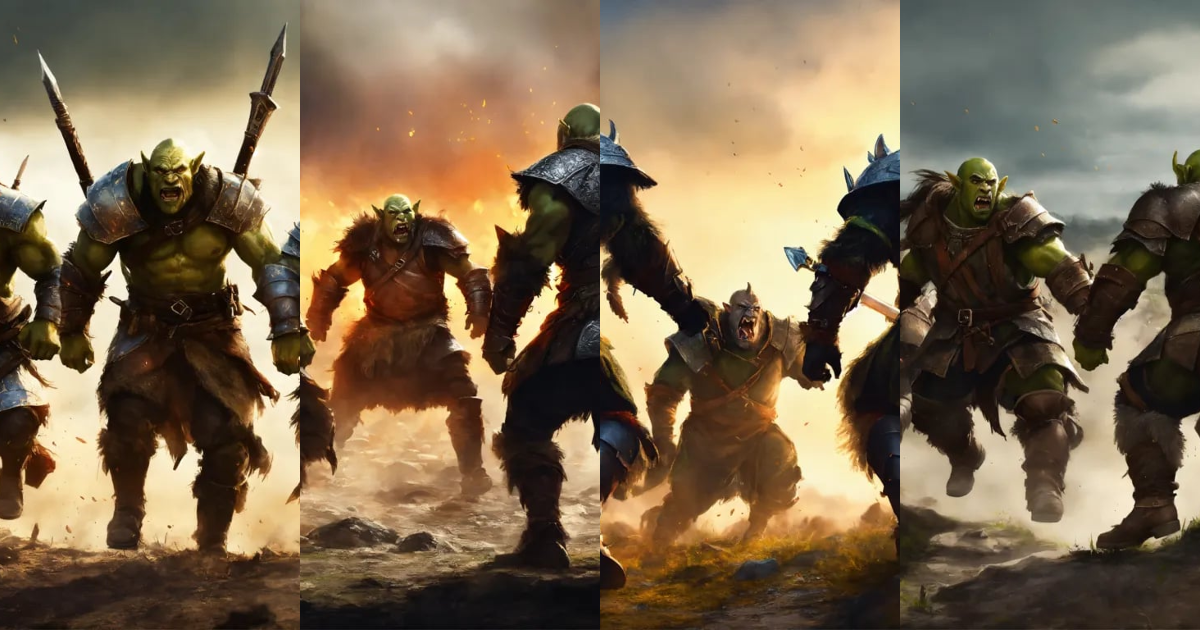 Lexica - Three orcs seen from behind jumping in medieval battlefield ...
