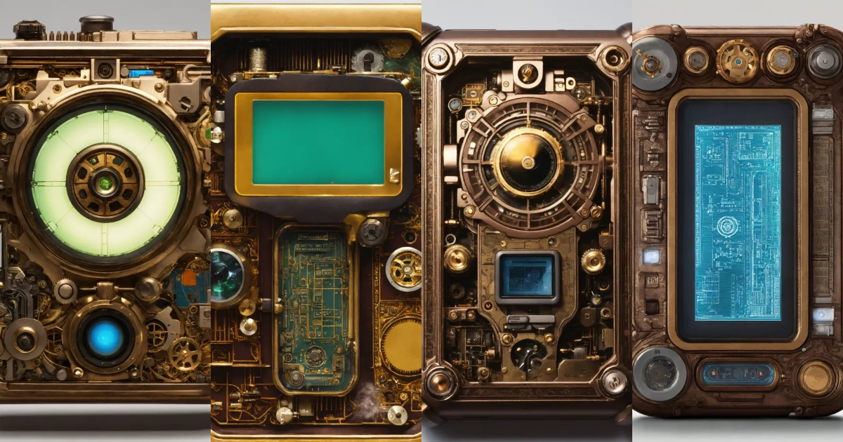 Lexica - Micro handheld gaming device, screen in center, steampunk ...