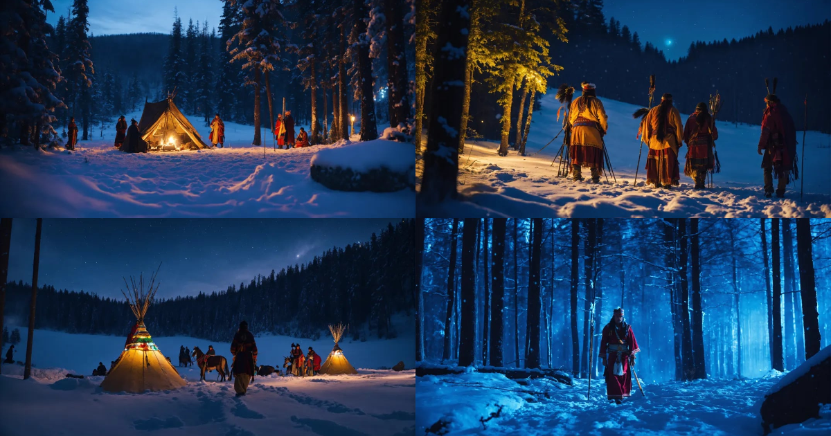 Lexica - Indian tribes in snow forest. night. cinematic. real picture.
