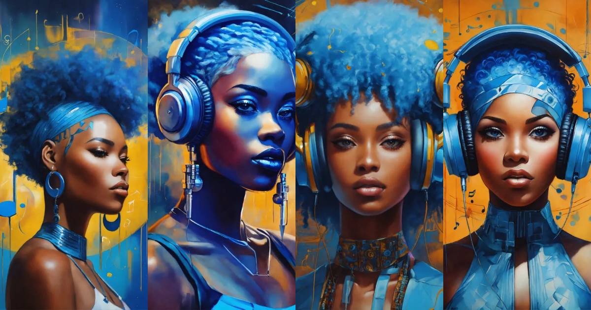Lexica - A beautiful woman with blue hair and music notes, an airbrush ...